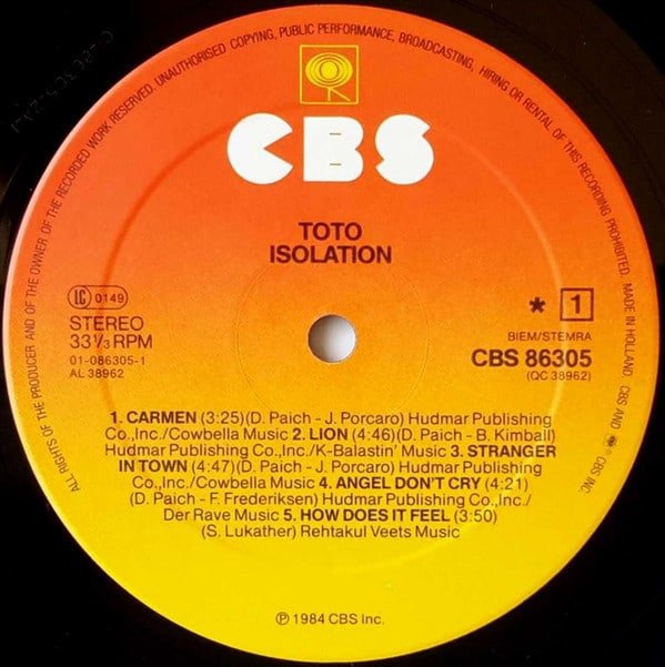 Toto ‎- Isolation LP – Dreams on Vinyl – Vinilo de época